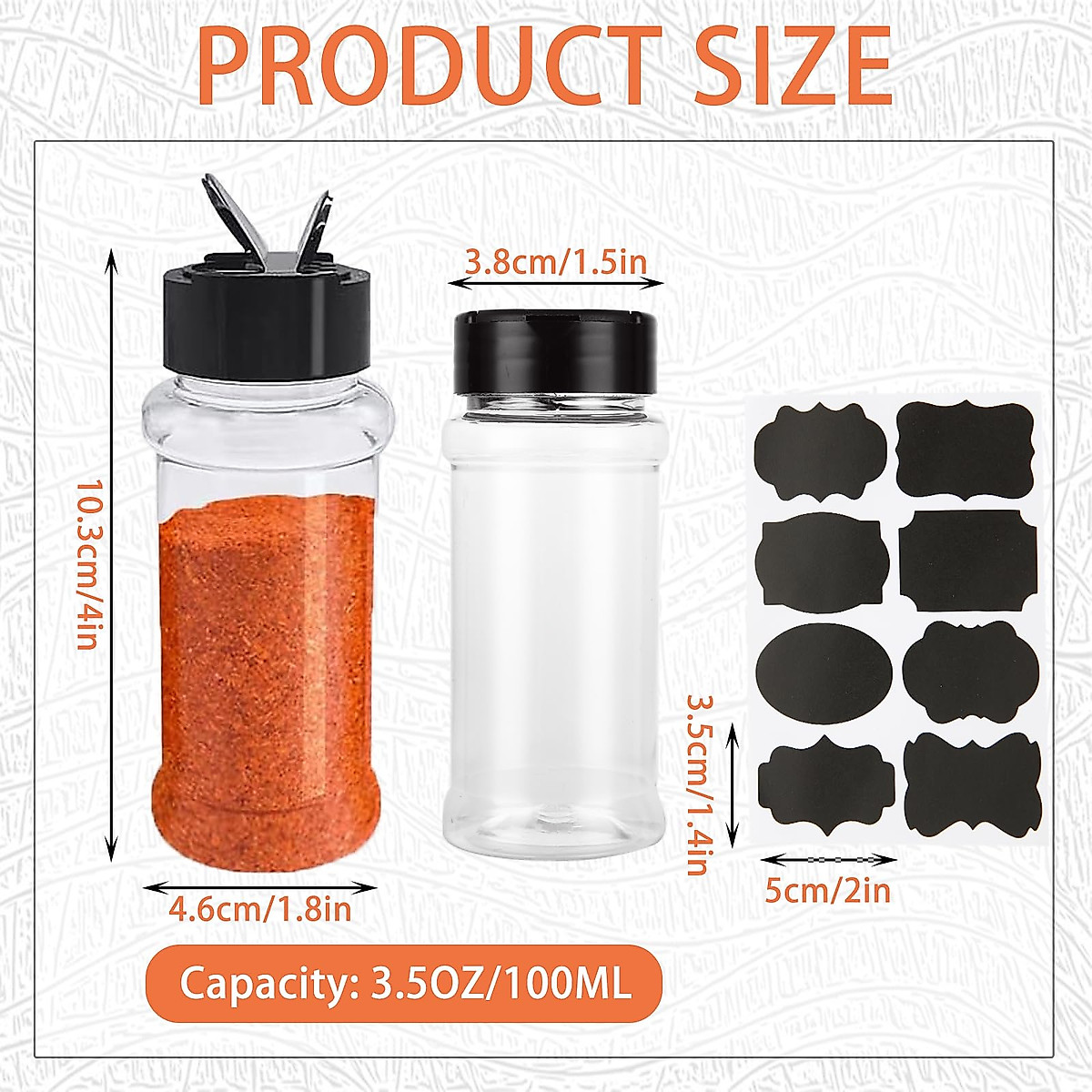 Oungy 36 PCS Spice Jars with Black Cap 3.5 OZ Bottle Containers with Shaker Lids and Labels - Empty Clear Plastic Seasoning Containers for Storing Spice Herbs Powders