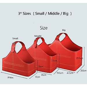Leather Storage Basket,MDF Structure Wine Flowers Fruits Magazine Holder Rack/Bins,with Top Handle for Holiday Presents Gifts Display (Middle, Red)