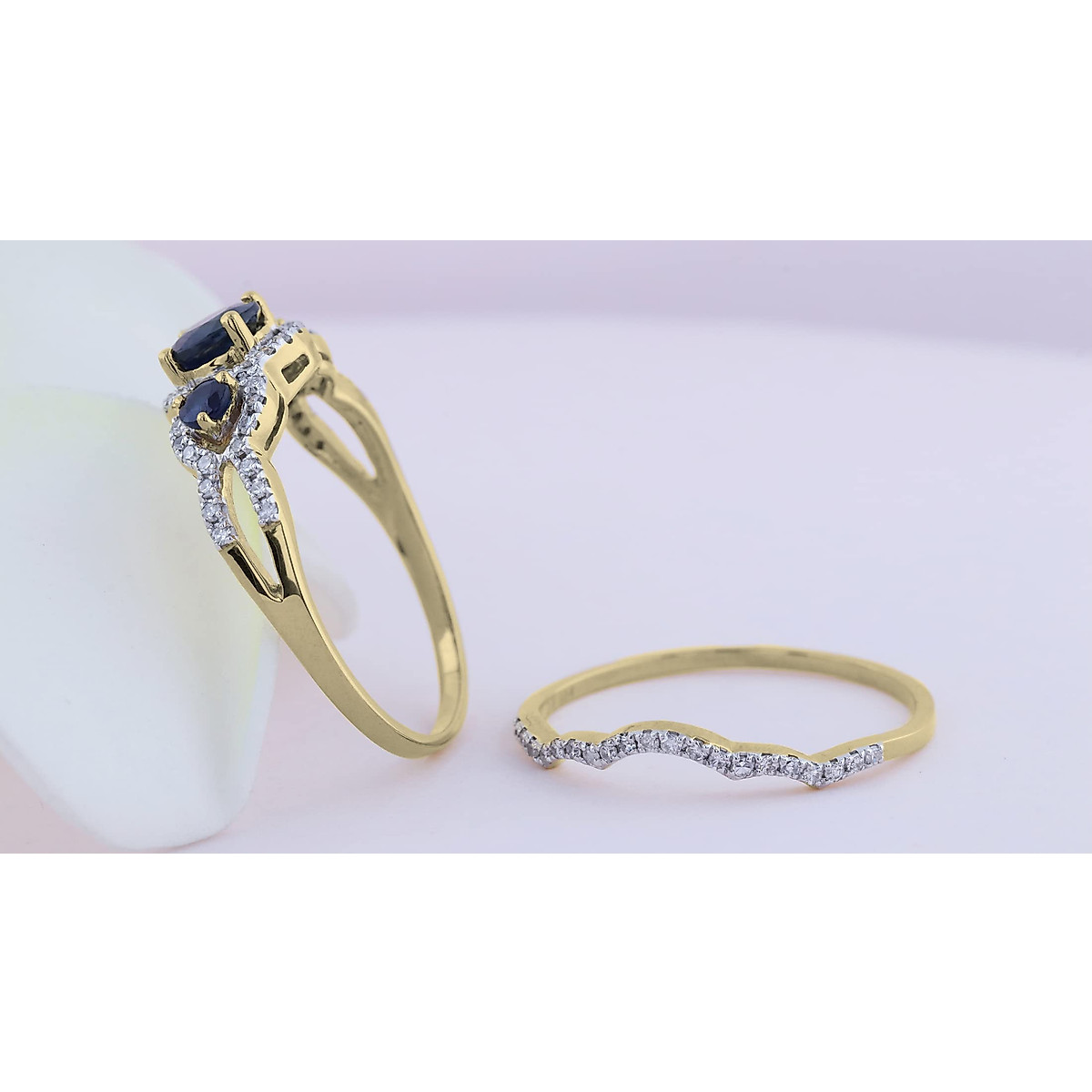 Dazzlingrock Collection Round Blue Sapphire & White Diamond Ladies 3 Stone Halo Wedding Ring Set 10K Yellow Gold, Size 5.5
