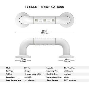 Stainless Steel Shower Grab Bar with Plastic-Plated Finish, Shower Grab Bars for Seniors, Luminous Circles and Cover Flange, Bathroom Handicap Handrails, White 12 inch