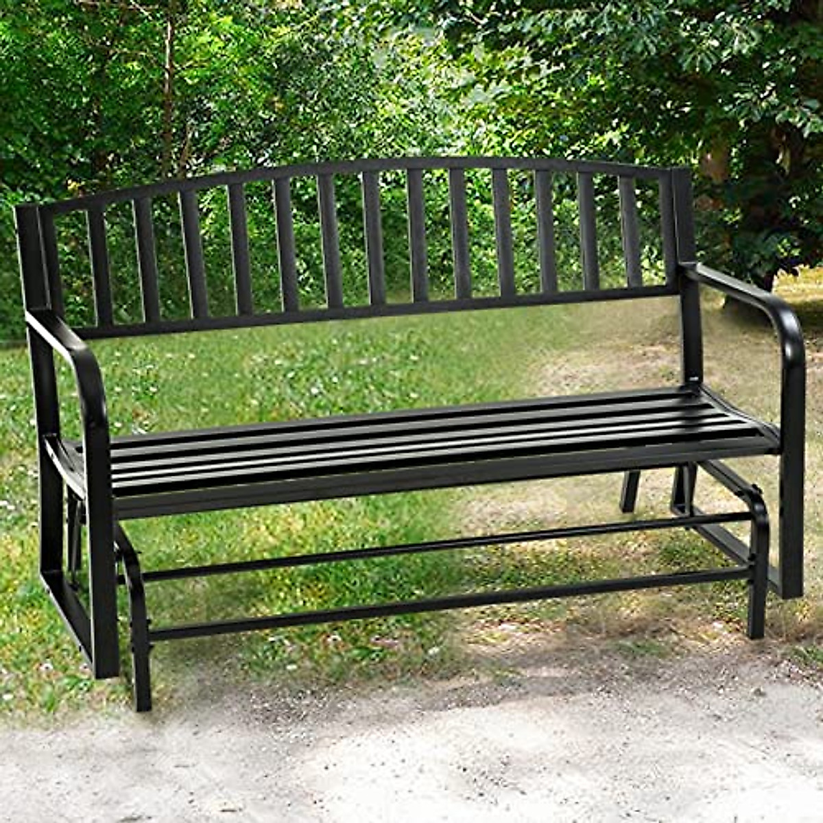 Metal Outdoor Glider Bench Waterproof Patio Glider Bench Porch Glider Swing Rocking Chair Glider with Powder Coated Frame for Garden Porch Balcony Backyard Lawn