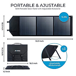 ZODIC 60w Portable Solar Panel, Solar Panel with Kickstand, 2USB and DC 18V, Upgraded Foldable Solar Panels for Camping, Laptops, Motorhome, Caravan