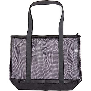 Okuna Outpost Mesh Tote Bags with Zipper for Grocery Shopping, Beach (Black, Large, 2 Pack)
