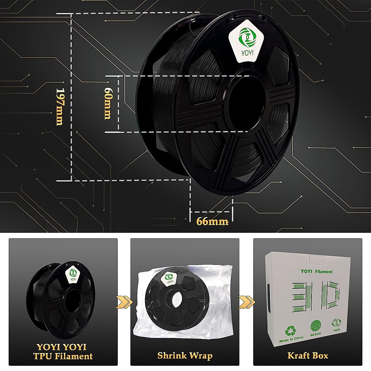 YOYI YOYI 3D Printer Filament, 95A TPU Filament 1.75mm, Flexible Filament, 0.8KG Spool,Dimensional Accuracy +/- 0.03 mm, Soft TPU Filaments of High Elasticity (Black)