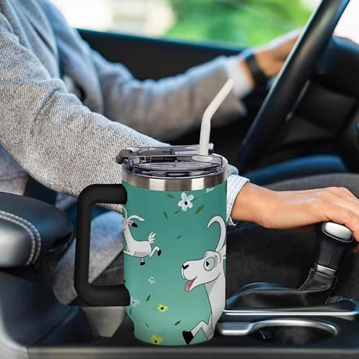 DWVSFJM Goat Frolic Insulated Tumbler 40 Oz Stainless Steel Double Wall Vacuum Travel Mug Large Capacity Car Cup Reusable Coffee Cup with Handle And Straw Lid Gifts Black