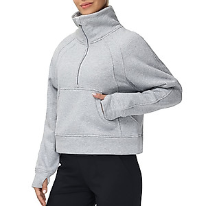 THE GYM PEOPLE Women's Half Zip Pullover Sweatshirt Fleece Stand Collar Crop Sweatshirt with Pockets Thumb Hole Grey