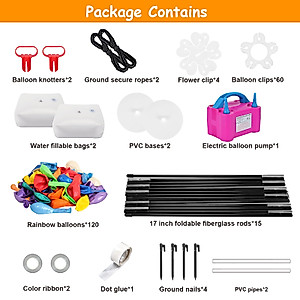 RUBFAC Balloon Arch Kit, 9ft Tall & 10ft Wide Adjustable Balloon Arch Stand with 2 PVC Bases,2 Water Fillable Bags, 60pcs Balloon Clips, 120pcs Rainbow Balloons, for Wedding Birthday Baby Shower