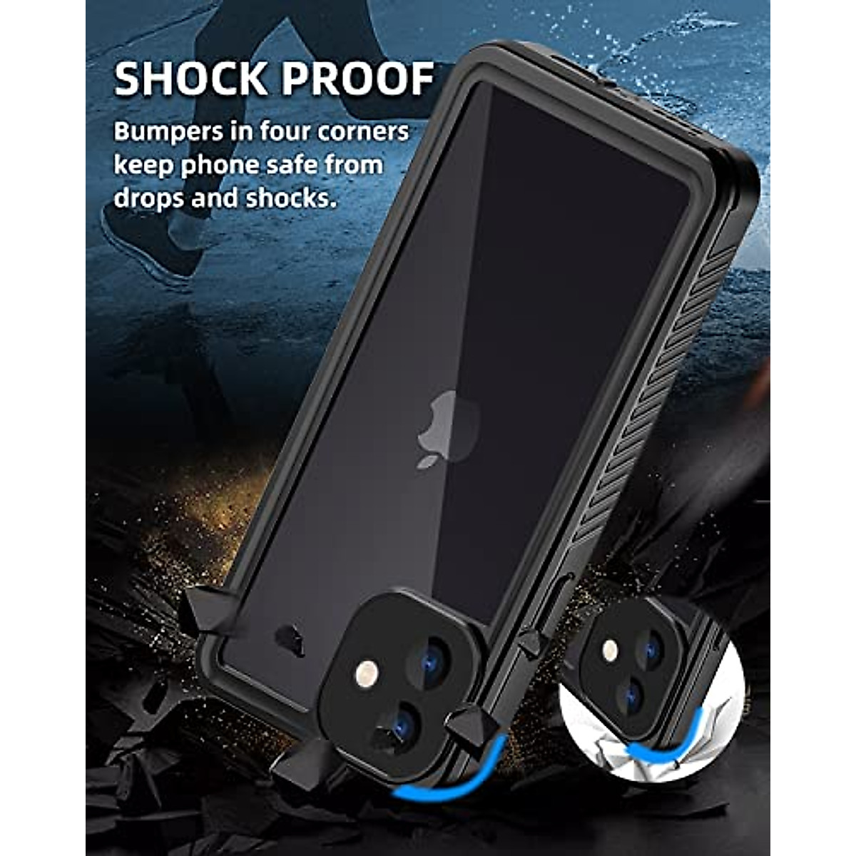 WIFORT iPhone 12 Mini Waterproof Case Built-in Screen Protector Water Resistant Cover Protective Drop Protection Hard, Shockproof Full Body Defender Tough Military Grade - 5.4" Black