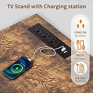 VECELO LED TV Stand for 70 inch Entertainment Center with Power Outlets, Industrial Television Cabinet with 7 Open Storage Shelves, for Living Room and Bedroom, Retro Brown, 70inch