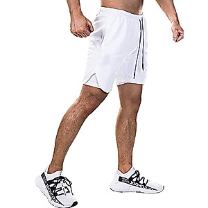 Ouber Men's 2-in-1 Running Shorts 7" Workout Training Jersey Short (White,XL)