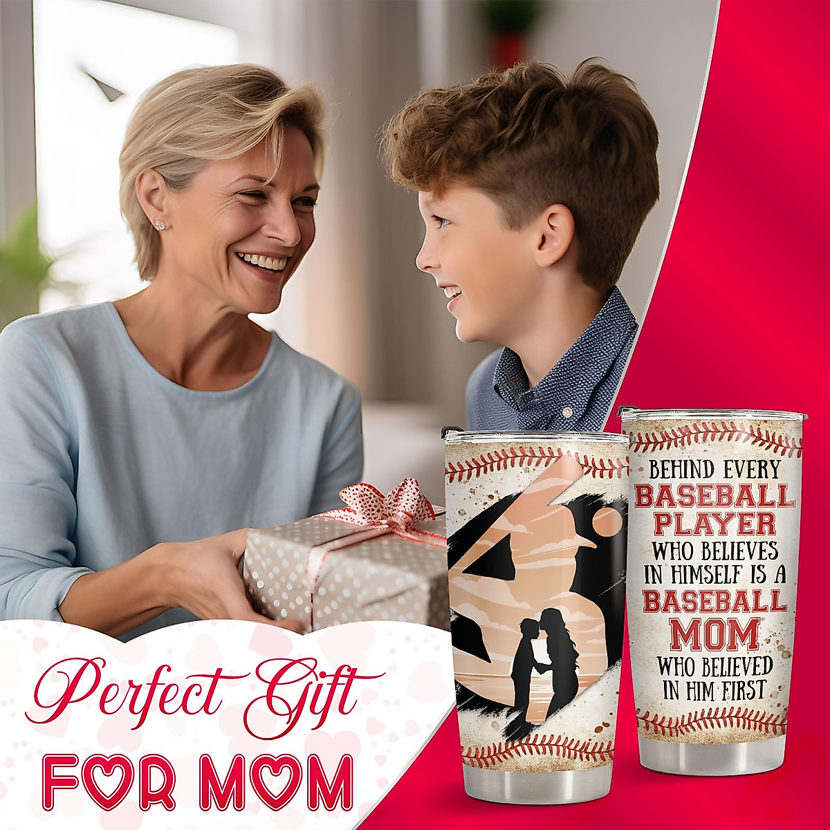 34HD Mothers Day Gifts for Mom, Baseball Mom Tumbler with Lid, 20oz Vacuum Insulated Baseball Coffee Mug Sport, Cool Birthday Softball Gifts for Mama from Son, Husband