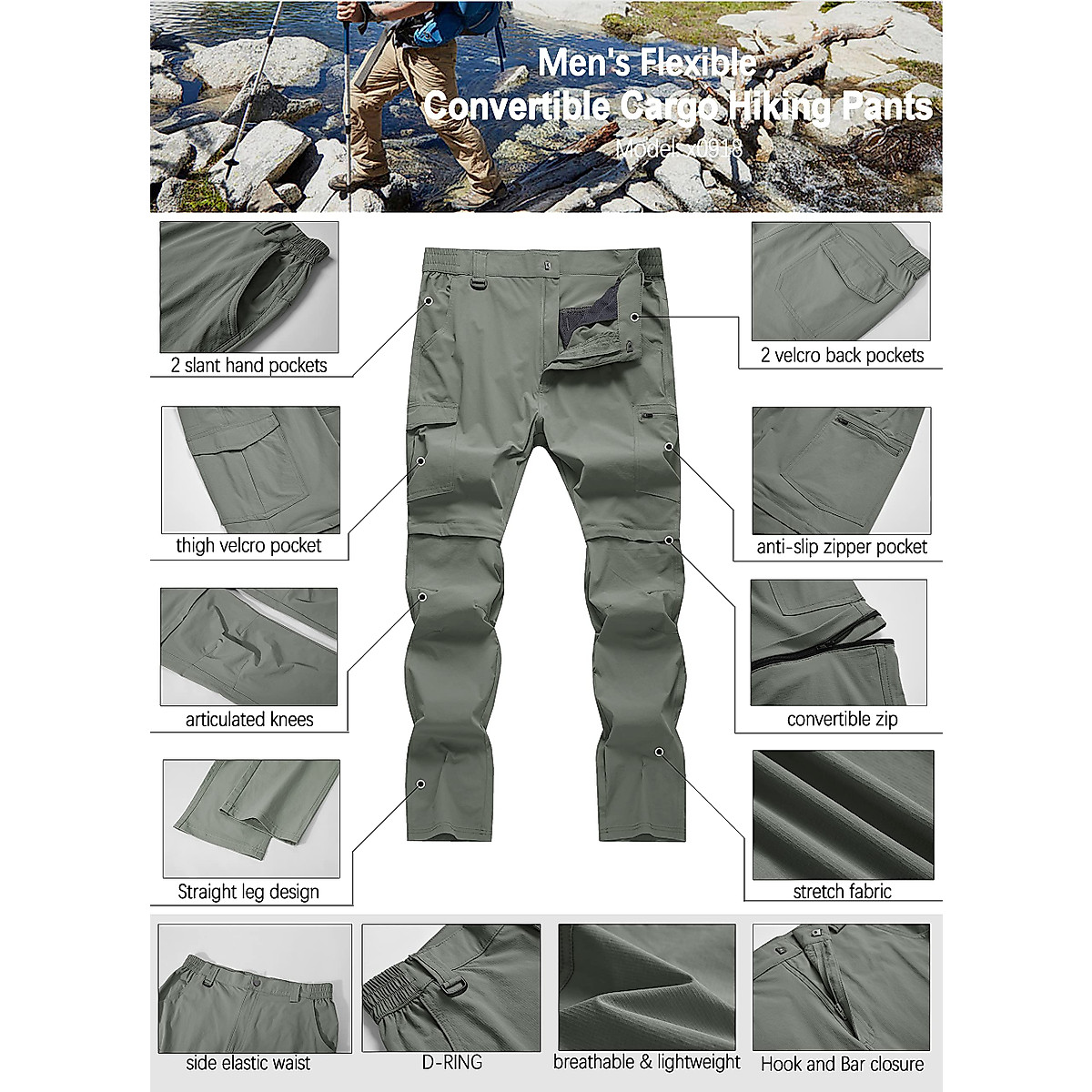 Men's Hiking Pants Convertible Zip Off Lightweight Waterproof Quick Dry Outdoor Fishing Travel Safari Camping Sage Green 36