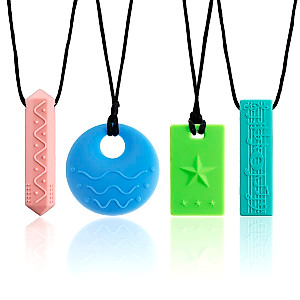 Sensory Chew Necklaces for Kids - 4 Pack Silicone Chewy Necklaces for ADHD, Autism, Biting and Oral Motor Needs