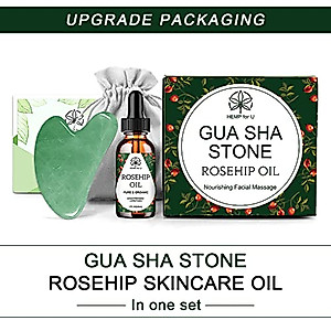 Gua Sha Massage Tools & Rosehip Oil in One Set, Nature Jade Stone Facial Gua sha Products for Skin Massage, Beauty and Moisturizing - with Nice Travel Pouch