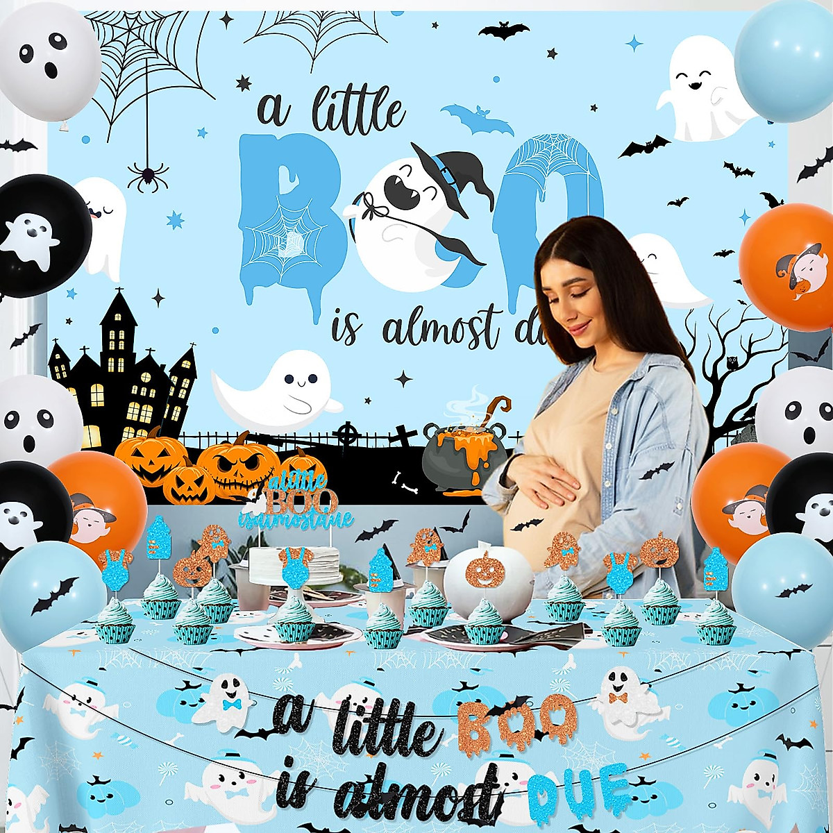 Balterever A Little Boo is Almost Due Baby Shower Decor Blue Orange Halloween Baby Shower Decors for Boys with Halloween Baby Shower Backdrop Cake Topper Spider Wall Sticker for Little Boo Party Decor