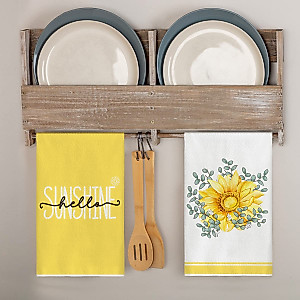 Artoid Mode Eucalyptus Leaves Sunflower Summer Kitchen Towels Dish Towels, 18x26 Inch Hello Sunshine Holiday Decoration Hand Towels Set of 2