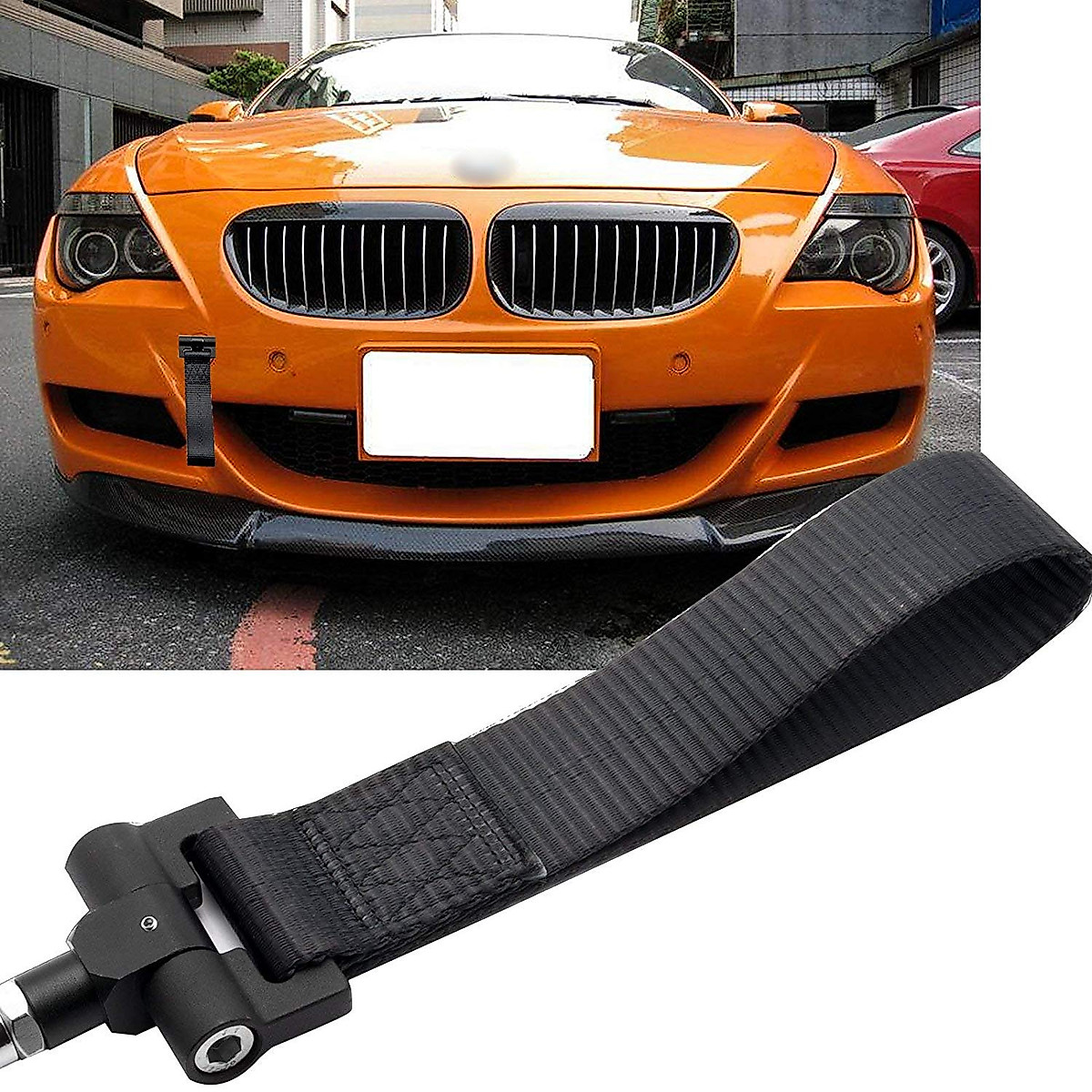 Xotic Tech Black Track Racing Towing Strap w/Tow Hole Adapter Compatible with BMW 1 3 5 6 Series X5 X6 or Mini Cooper