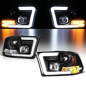 HH Building 2pcs Headlight U-Bar Front Left Right Driver Passenger Side Clear Lens Black Housing LED Tube -Shape Drl Projector Lamp 444-DR09V2-LBDRL-BK CH2503217 55277409AD