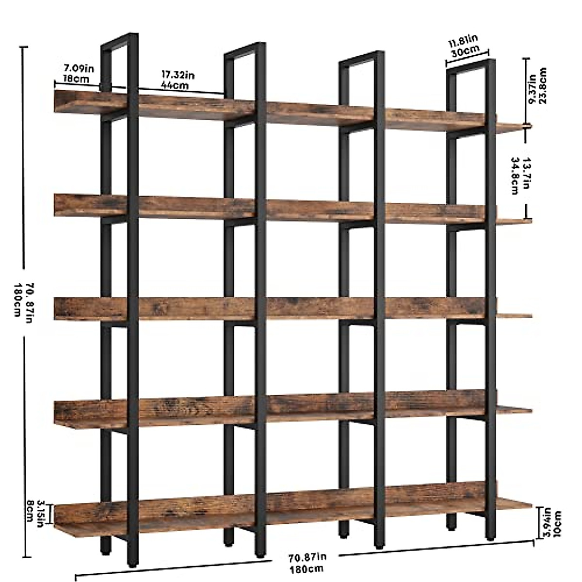IRONCK Industrial Bookshelf and Bookcase 5 Tiers Large Triple Wide Display Shelf with Storage for Living Room Home Office