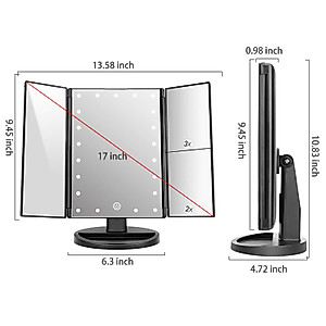 deweisn Tabletop Mount Trifold Lighted Vanity Mirror with 21 LED Lights, Touch Screen and 3X/2X/1X Magnification, Two Power Supply Mode Make up Mirror,Travel Mirror