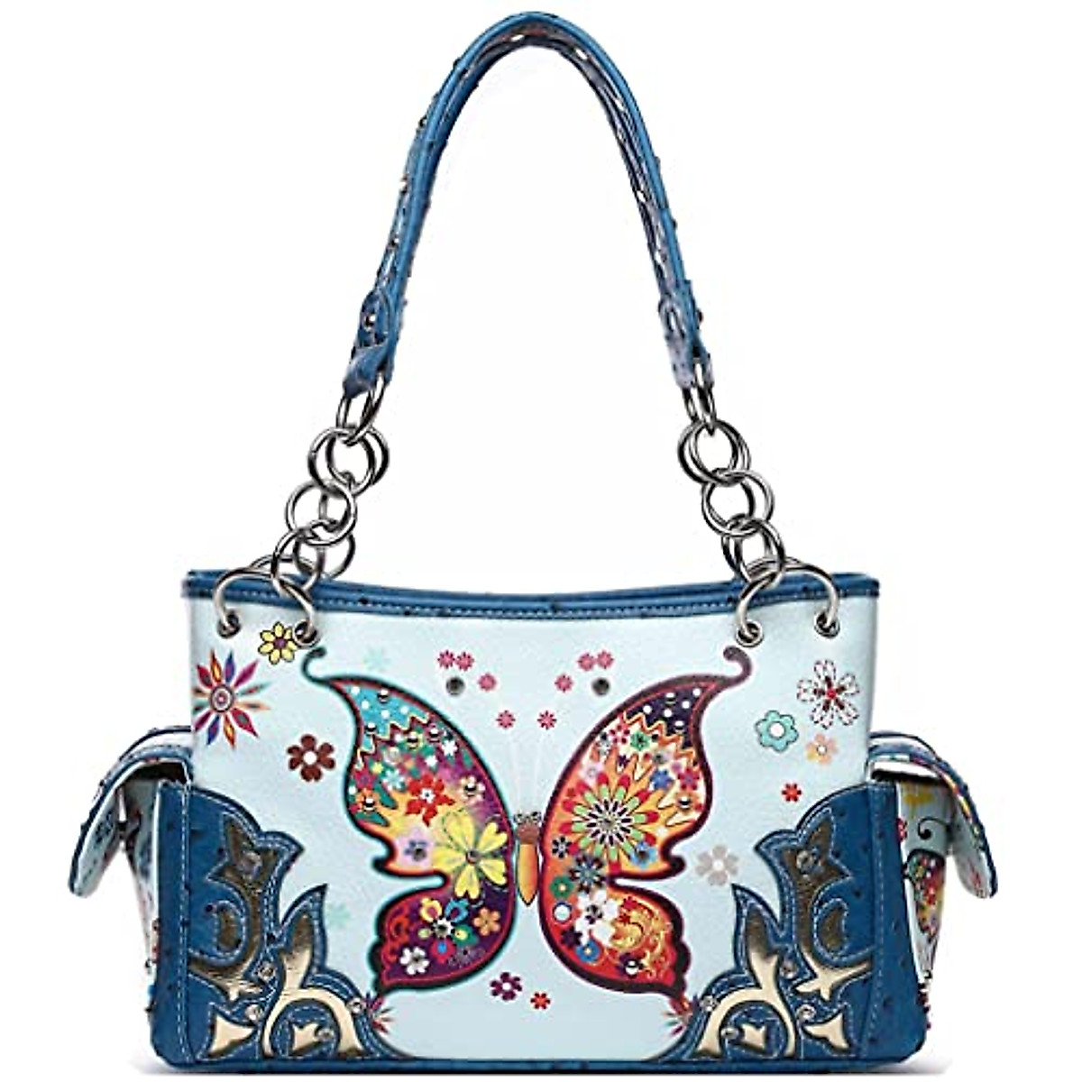 Butterfly Floral Western Purse Country Handbag Women Shoulder Bag Crossbody Wallet Card Holder 4 PCS Set (#2 Blue)