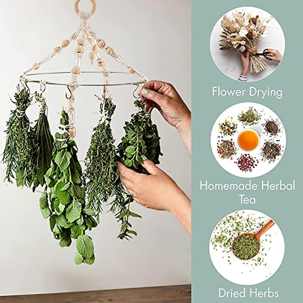 Flower Drying Rack, Stainless Steel Boho Drying Rack, Handwoven Wooden Decorative Drying Hanger with 15 Hooks, Durable Hanging Herb Rack with Cotton Rope, Easy to Use Herb Dryer for Hydroponic Plants