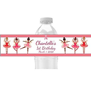 Personalized Ballerina Girls Party Water Bottle Labels, Pack of 25 Peel and Stick Waterproof Water Bottle Wrappers for Kids Birthday Favors