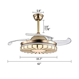 OUKANING 42 Inch Modern Chandelier Ceiling Fan with Remote, Three Light Colors Ceiling Fan 4 Retractable Blades for Living Room Bedroom