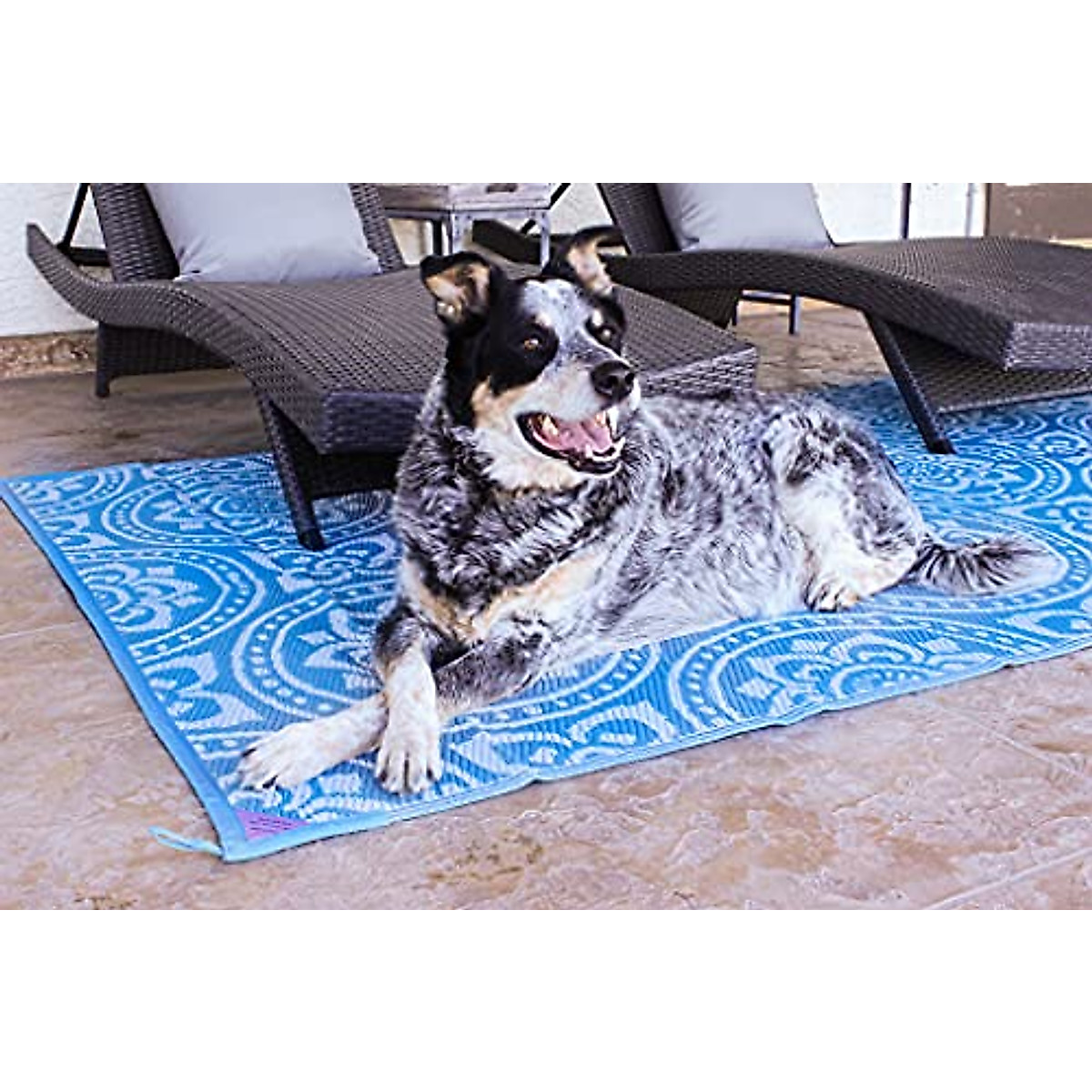 Stylish Camping 255083 5-feet by 8-feet Reversible Mat, Plastic Straw Rug, Large Floor Mat for Outdoors, RV, Patio, Backyard, Picnic, Beach, Camping - Leaf Mat (Turquoise/White)