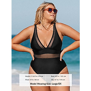 CUPSHE Women Plus Size One Piece Swimsuit V Neck Mesh Sheer Tummy Control Bathing Suit with Adjustable Wide Straps, 1X Black
