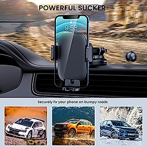 Car Phone Holder Mount [Military-Grade Suction & Stable Hook] Phone Mount for Car Windshield Dashboard Air Vent Universal Hands-Free Automobile Mounts Cell Phone Holder Fit for iPhone Smartphones