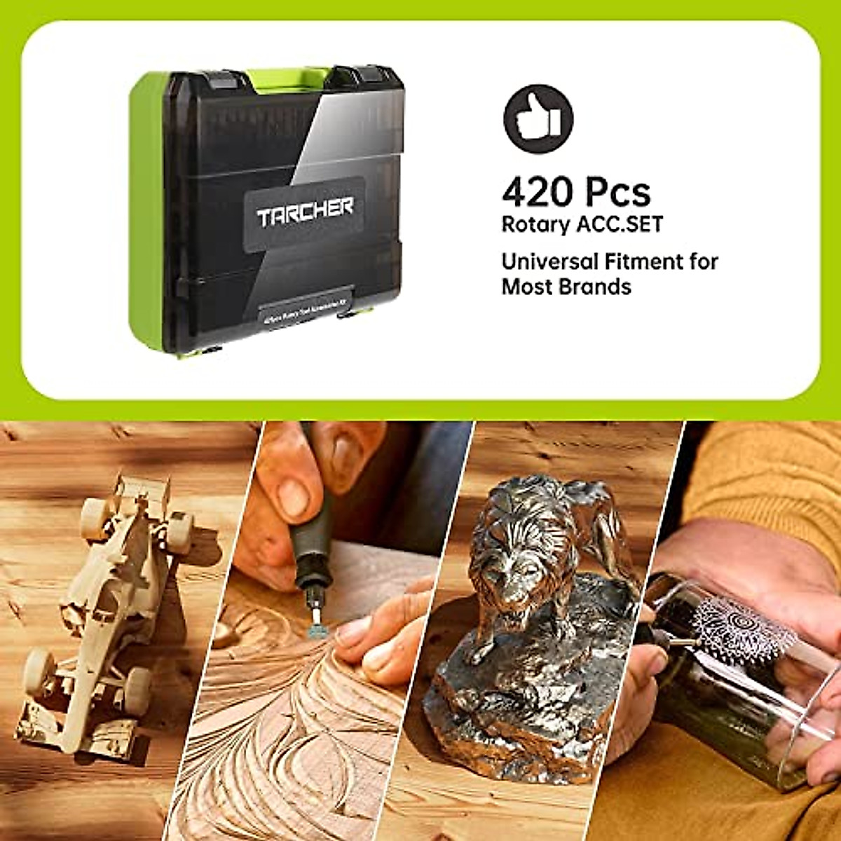 TARCHER Rotary Tool Accessories Kit 420pcs, 1/8", 3/32" and 1/16" Collets Shank Electric Grinder, Universal Fitment with Carrying Case for Cutting, Grinding, Sanding, Drilling, and Polishing