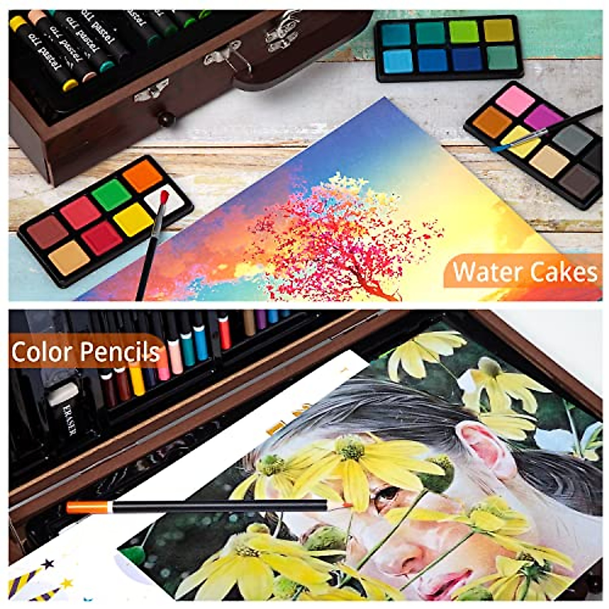 Art Supplies, Tanmit 141-Piece Deluxe Art Set Painting Drawing Kit with Artist Sketch Pad, Oil Pastels, Colored Pencils, Crayons, Watercolor Cakes, Wooden Art Box for Adults Beginners
