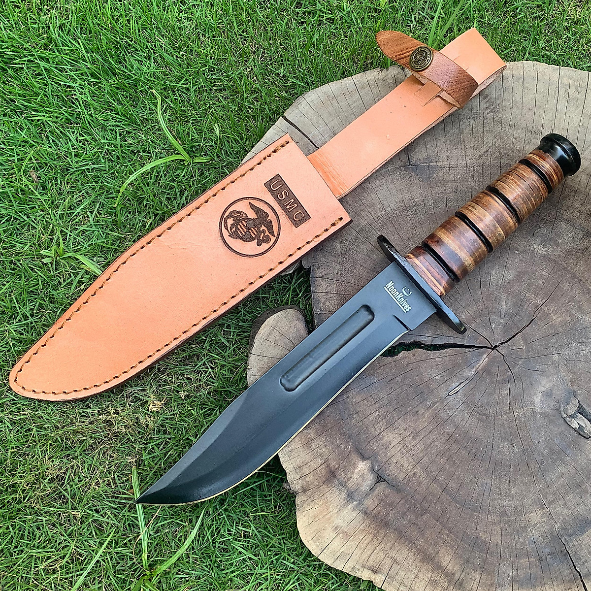 NoonKnives usmc Combat Fighter Knife with Leather Sheath - Stainless Steel Blade, Clip Point, Heat Treated Finish, Stacked Leather Handle, Your Camping and Survival Fixed Blade - Length 13