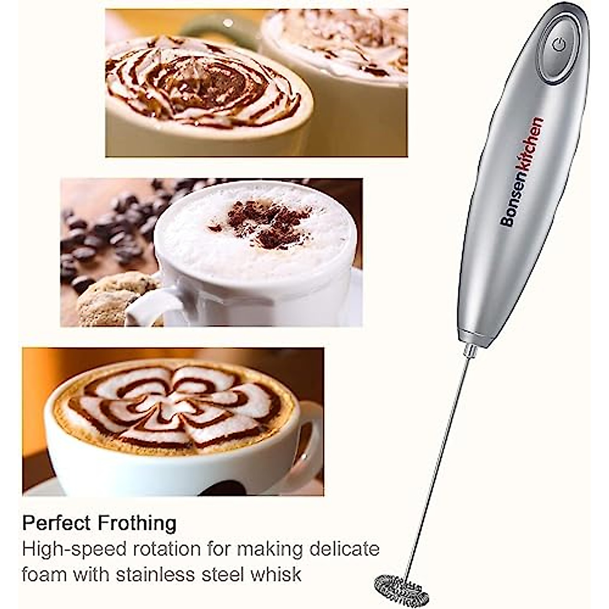 Bonsenkitchen Milk Frother Handheld, Automatic Milk Foam Maker Hand Frother for Coffee, Matcha, Hot Chocolate, Battery Operated Mini Drink Mixer-Silver
