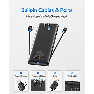 Portable Charger with Built-In Cables and AC Wall Plug,VRURC 10000mAh Phone Charger,5 Output & 2 Input LED Display External Battery Pack,Ultra Slim USB C Power Bank Compatible with Smart Devices-Black