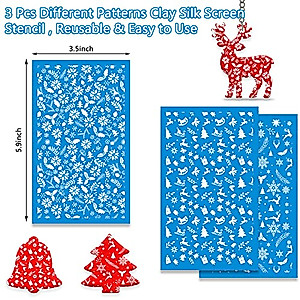 MEMOVAN Christmas Silk Screen for Polymer Clay 3Pcs Reusable Christmas Silk Screen Stencils for Polymer Clay Cutters Printing on Clay Kit for Jewelry Making Christmas Earring Decoration