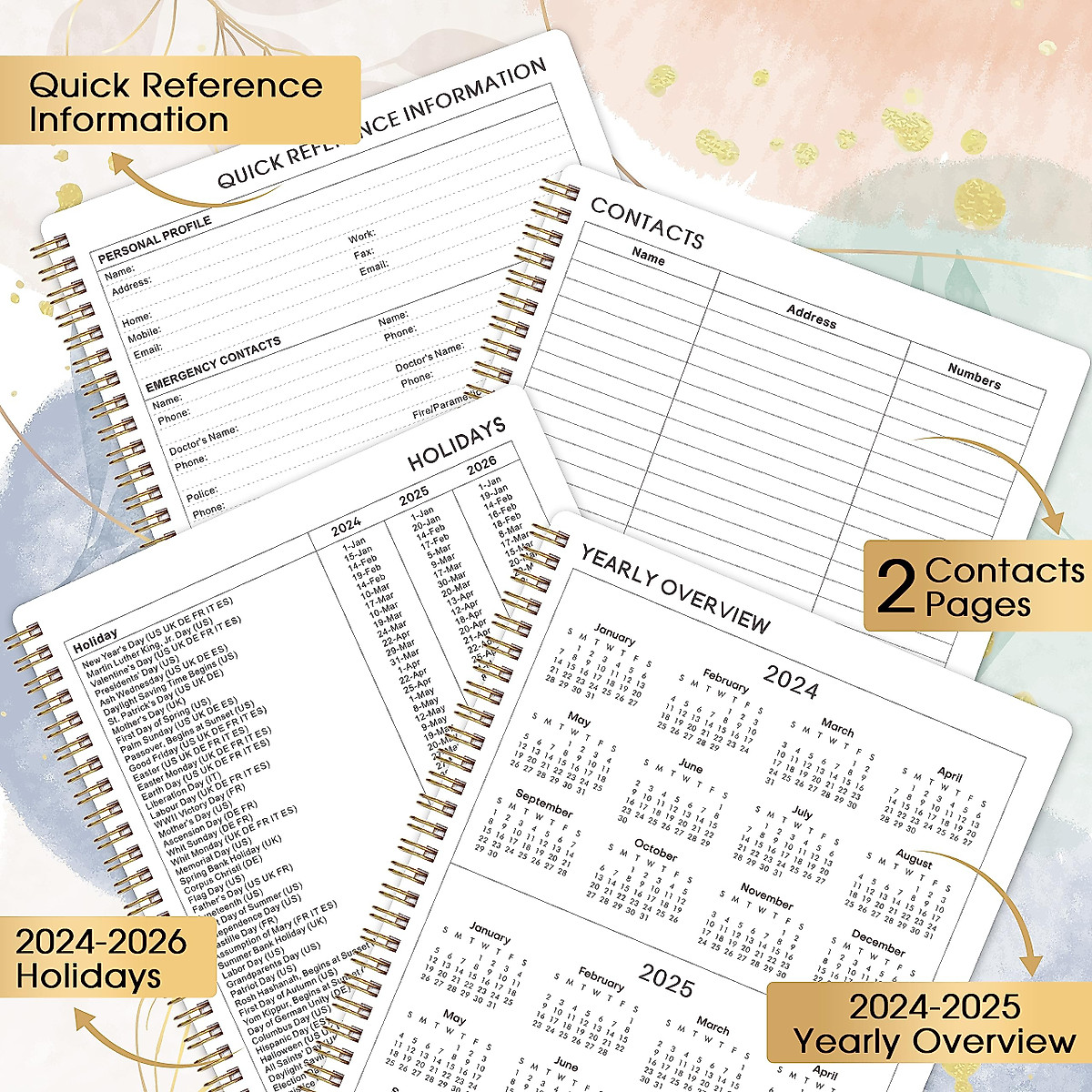 2024 Planner - Planner/Calendar 2024, Jan. 2024 - Dec. 2024, 2024 Planner Weekly and Monthly with Printed Tabs, 8" x 10", Flexible Cover with Thick Paper + Twin-Wire Binding - Waterink