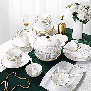 GagalU Plate Set –Ceramics Dinner Sets Ceramics Dinnerware Set,Bowl/Dish/Soup Pot/Spoon|Dinner Sets,White Embossed Gold Rim Pattern Porcelain Combination Set,49pieces