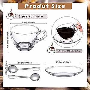 6.4 oz Espresso Cups Demitasse Clear Glass Espresso Drinkware Demitasse Cups Espresso Cups with Saucers Set Tea Cup and Saucer Set of 6 with Stainless Steel Mini Spoon for Hostess Coffee Lover