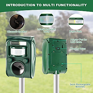 2024 Ultrasonic Animal Repellent, Solar Powered Outdoor Squirrels Deterrent with LED Flashing Motion,Sensor and Sound,Waterproof Deer Dog Repeller,Cat Repellent for Bird Skunk Rabbit