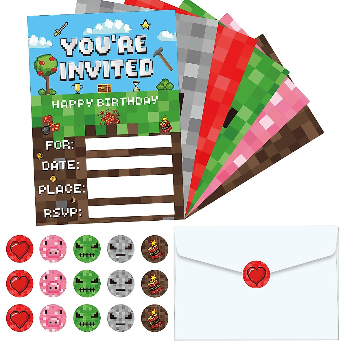 ZOIIWA Pixel Party Invitations with Envelopes, 30 Pieces, Video Game Themed Birthday Party Decorations