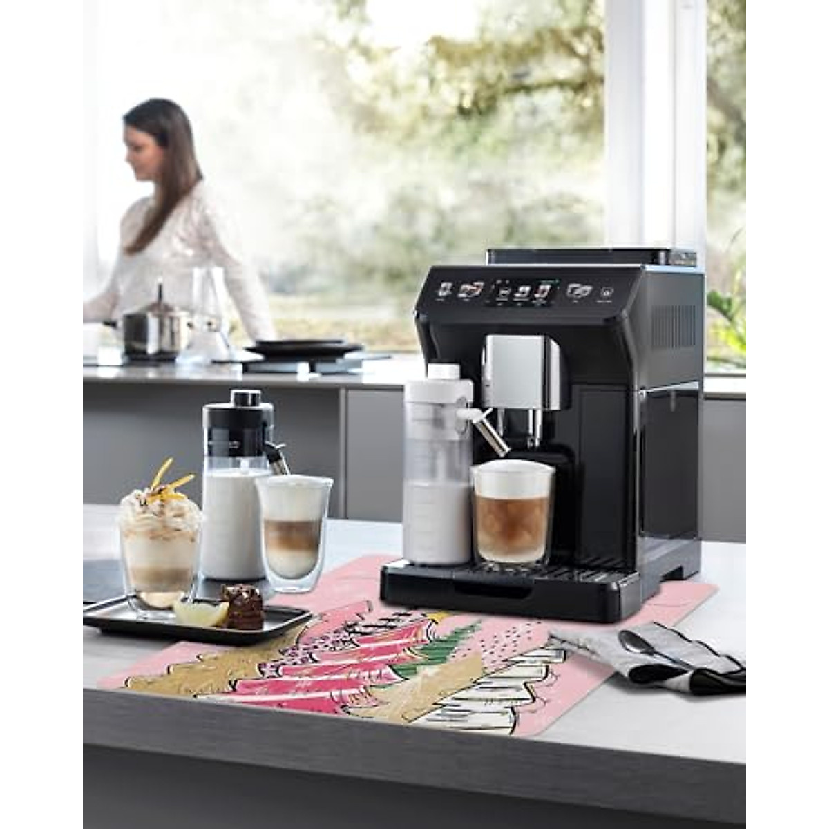 Coffee Mat for Counter,Pink Christmas Tree Winter Forest Trees Snowflake Absorbent Hide Stain Coffee Bar Mat,Non-slip Coffee Bar Accessories Kitchen Drying Mat Fit Under Coffee Maker Espresso Machine