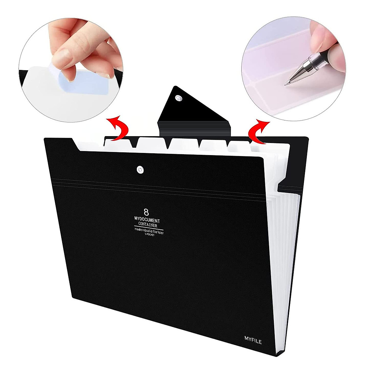 8 Pockets Letter A4 Paper Plastic Expandable Files Folder Snap Closure Accordion Document Organizer for School Office Home (Black)