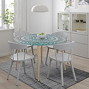 WILL BUDXEG Teal Grey Boho Modern Mandala Turquoise Round Fitted Table Cover Elastic Edge Circle Tablecloth for Outdoor Dining Party Holiday Fits Table up 45"-50" Diameter