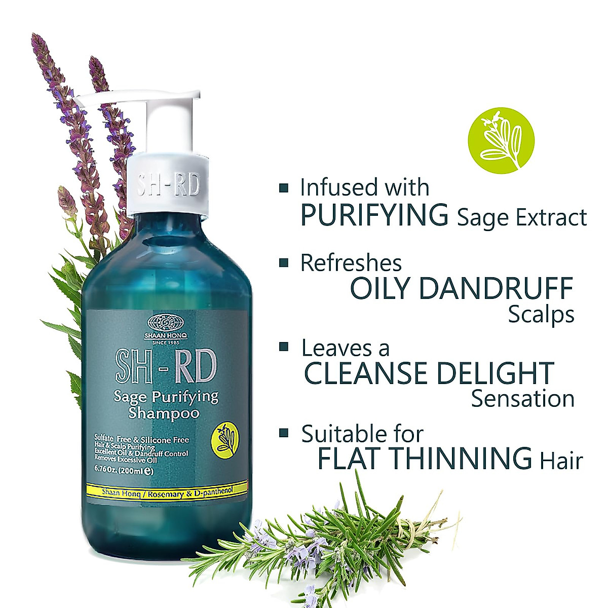 SH-RD Sage Purifying Shampoo for Oily Scalp | Deep Cleansing, Rebalancing, Hydrating Dandruff Scalps | Safe for Flat Hair & All Hair Types, | Sulfate-, Silicone-Free Oil Control Shampoo -6.76oz/200ml