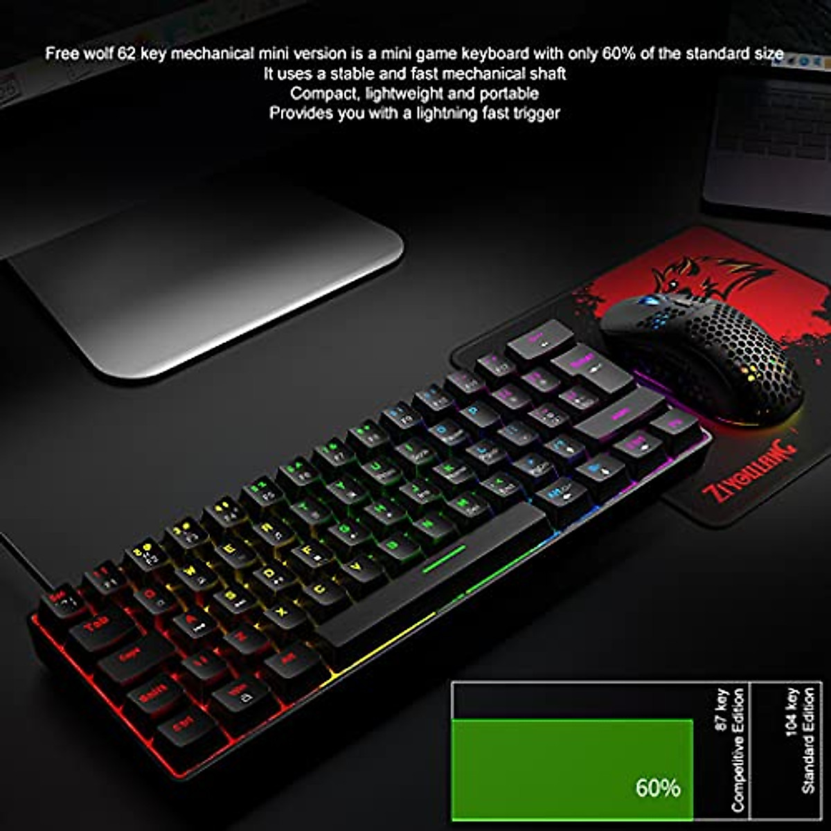 Qksky Mechanical Gaming Keyboard Green/Red Switch 62 Keys USB Wired Gaming Keyboard with 18 RGB Lights Effect Desktop PC Gamer Green switches
