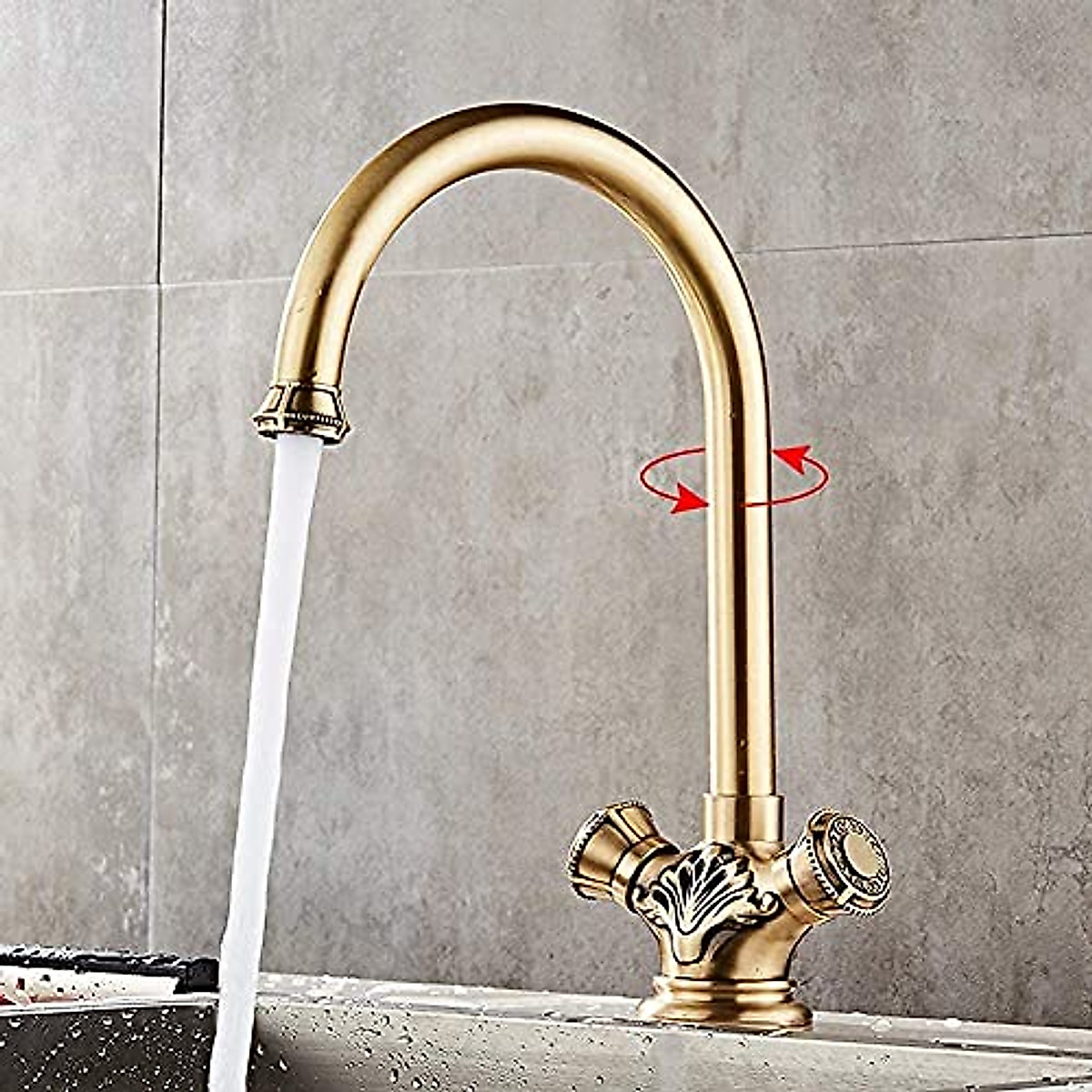 Retro Kitchen Vanity Sink Tap Deck Mounted Antique Brass Double Hot and Cold Water Single Spout Faucet