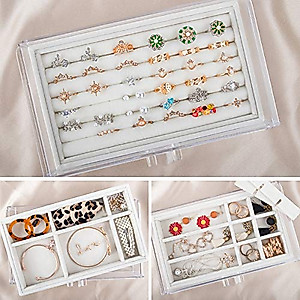 Mebbay Acrylic Jewelry Box with 4 Drawers, Velvet Jewelry Organizer for Earring Necklace Ring & Bracelet, Clear Jewelry Display Storage Case Gift for Woman, Girls Beige White 9.4"x5.3"x7.7"