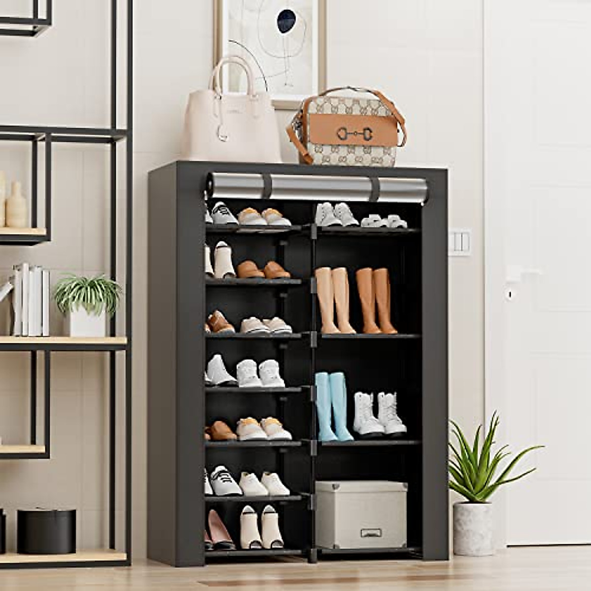LVNIUS Shoe Rack with Covers Shoes and Boots Organizer Shoe Closet 8-Tier 22-26 Pairs, Large Shoe Organizer Cabinet,Tall Closed Shoe Storage Rack Shoe Shelves for Garage Bedroom,Mueble para Zapatos